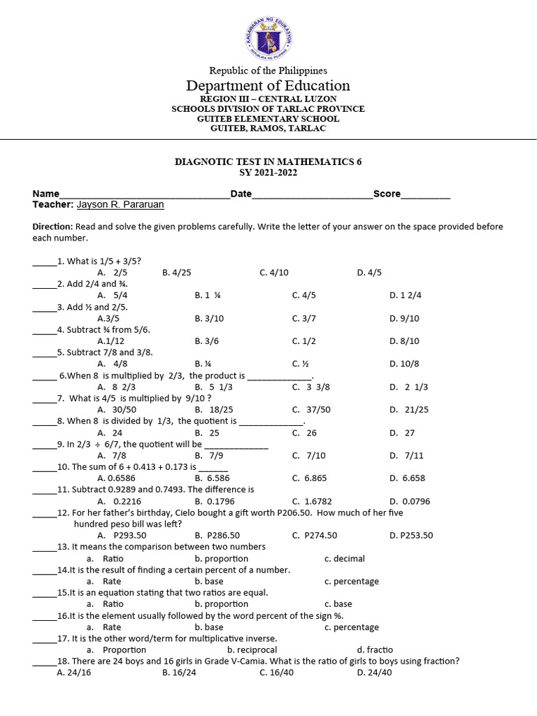 Math 6 Diagnostic Test | PDF | Triangle | Volume