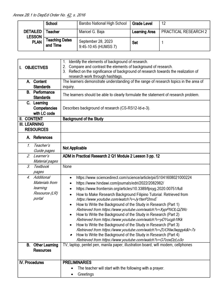 Demo Lesson Plan: Research Background | PDF | Reading Comprehension ...