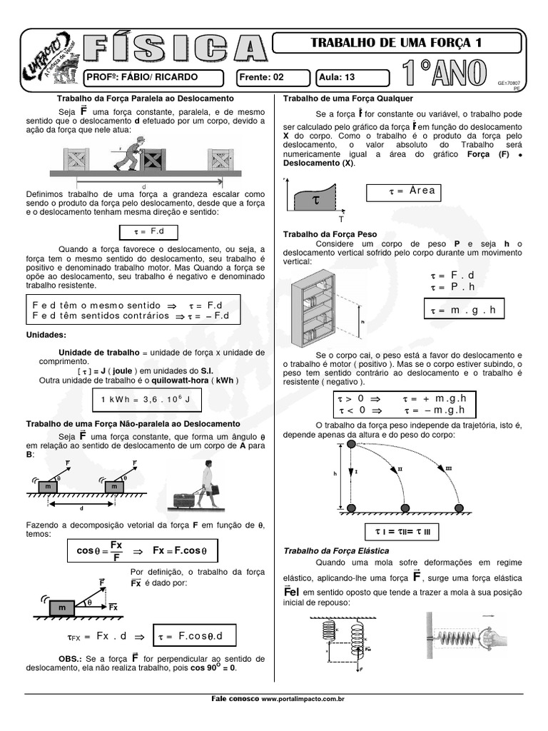 Trabalho de uma Força: Conceitos e Cálculos | PDF | Força | Engenharia ...