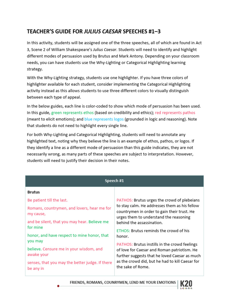 Teacher's Guide For Julius Caesar Speeches 1-3-Lend Me Your Emotions | PDF