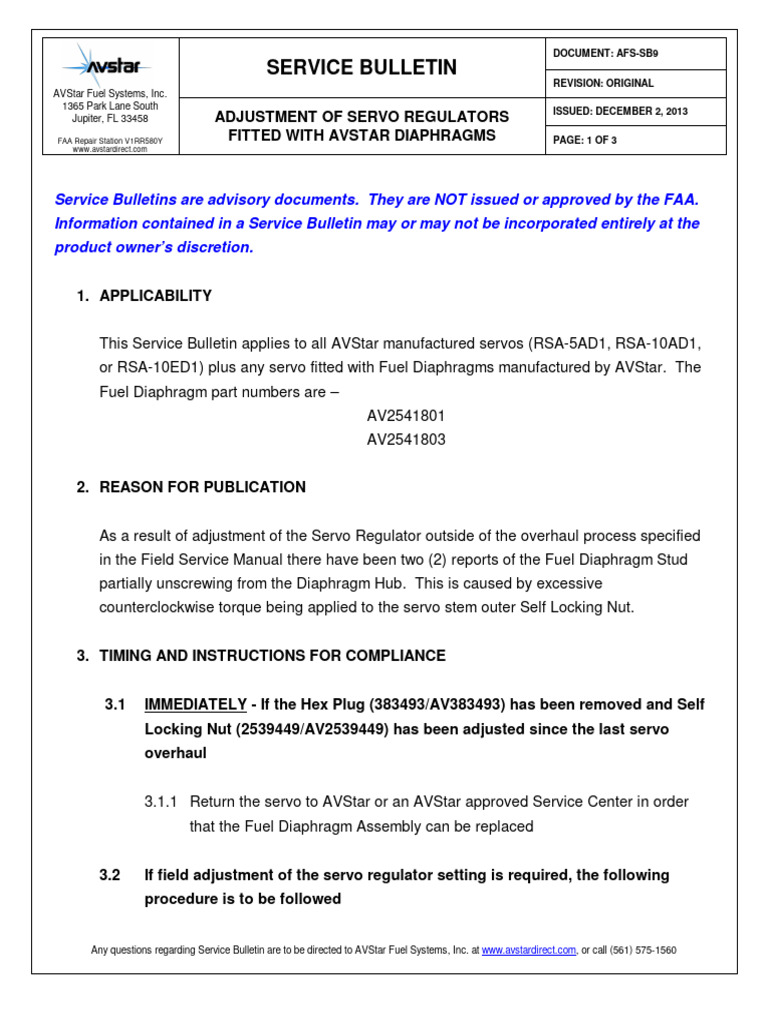 Service Bulletin AFS-SB9 Adjustment of Servo Regulators Fitted With ...