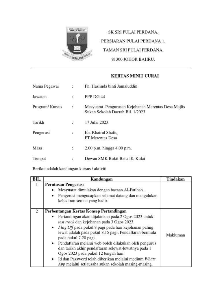 Kertas Minit Curai Merentas Desa | PDF