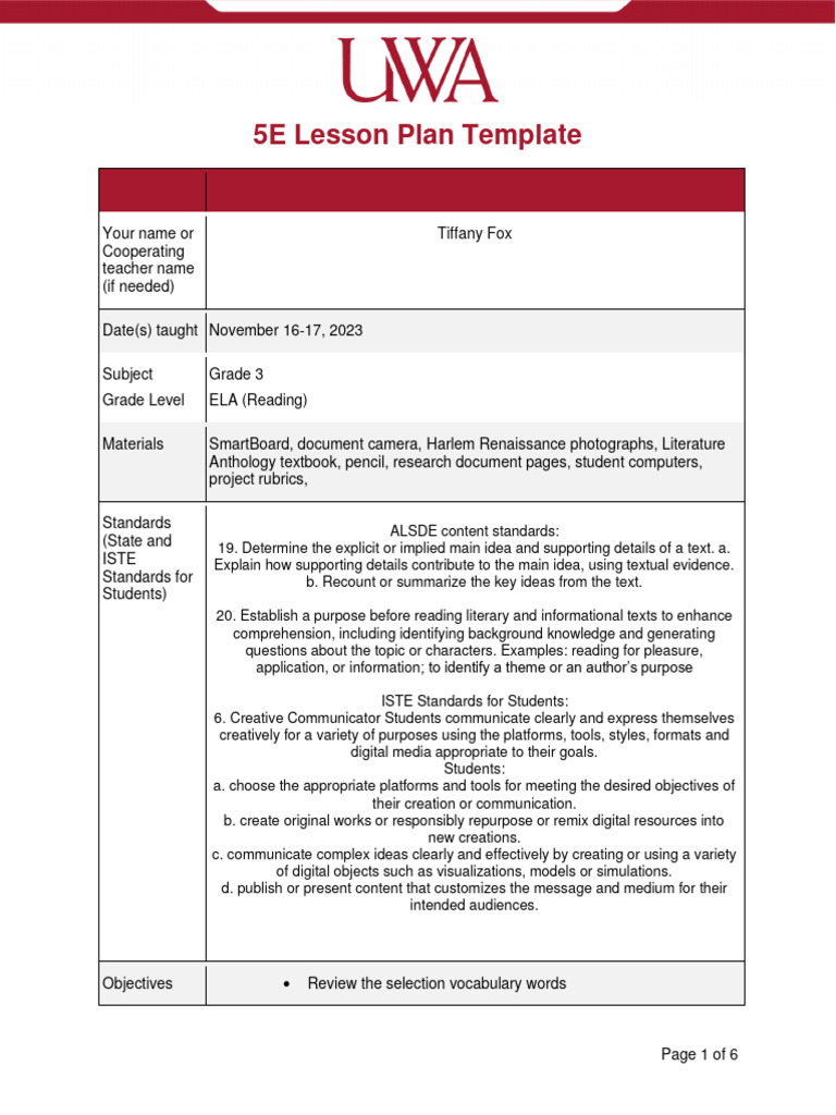 Fox 5e Lesson Plan | PDF | Reading Comprehension | Learning