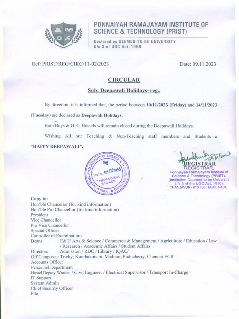 Prist Circular Copy Deepawali Holidays | PDF