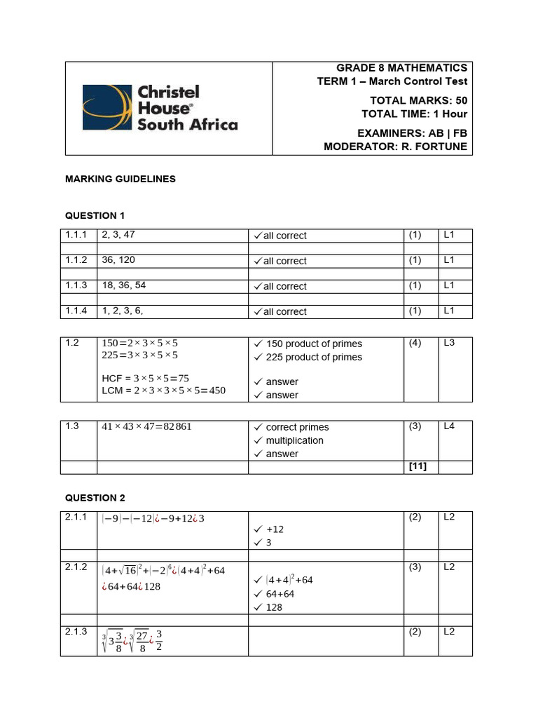 Grade 8 Maths Term 1 Test Memo | PDF | Mathematics