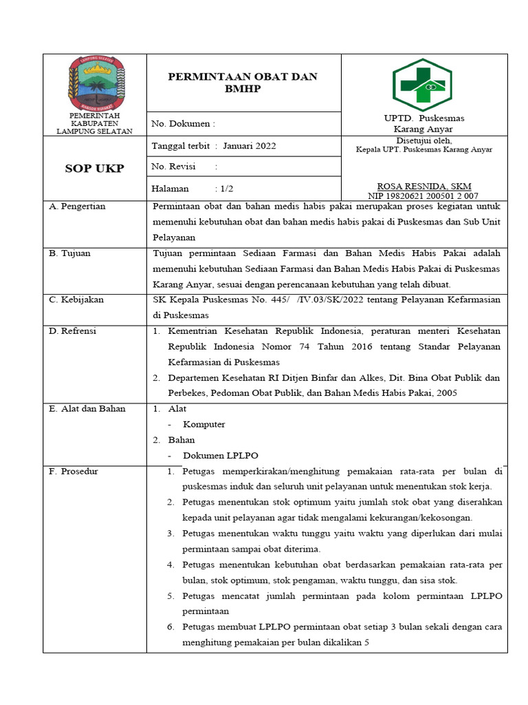 SOP PERMINTAAN Sediaan Farmasi Dan BMHP | PDF