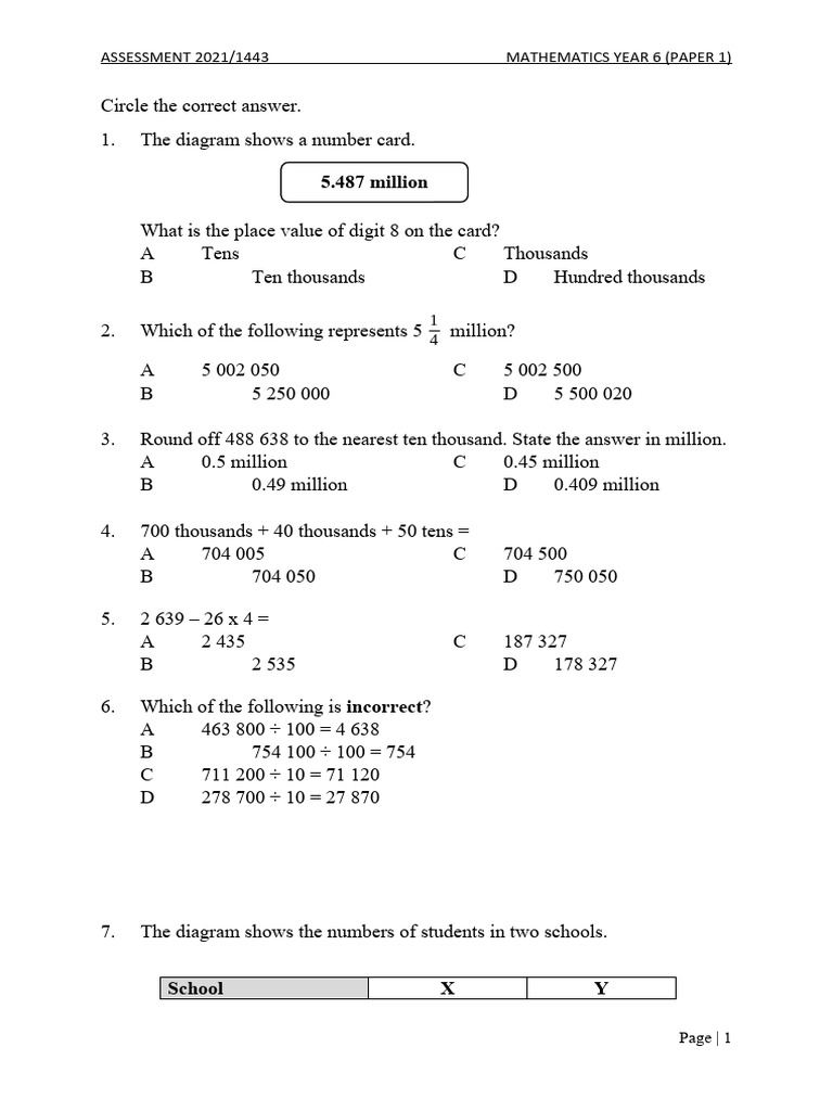 Mathematics Year 6 (Paper 1) | PDF