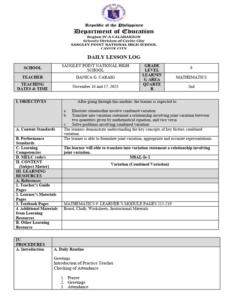 Caraig, Danica G. - LP GRADE 9 (Joint Variation) | PDF | Area | Equations