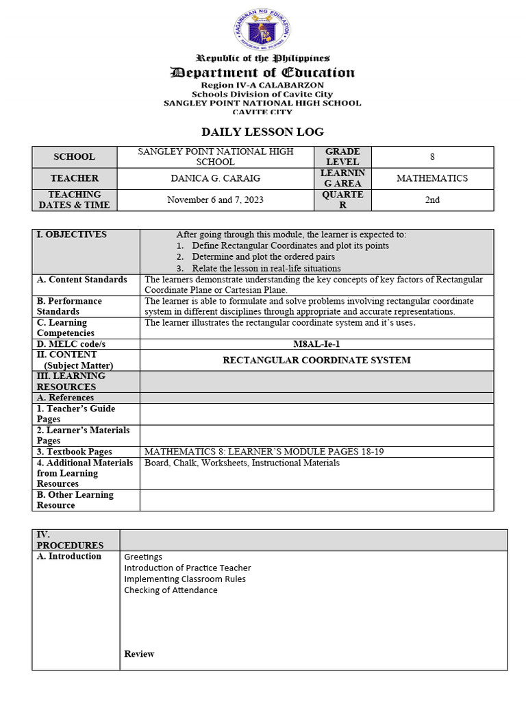 Caraig, Danica G. - LP Grade 8 | PDF | Cartesian Coordinate System ...