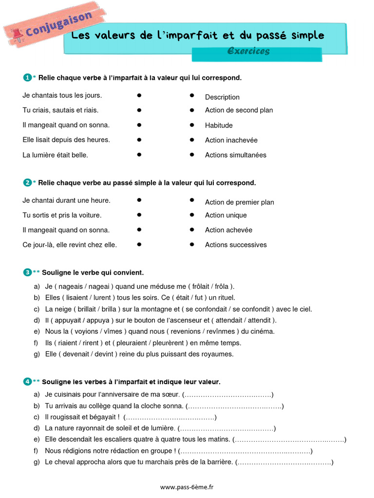 Exercices 6ème Les Valeurs de Limparfait Et Du Passé Simple | PDF
