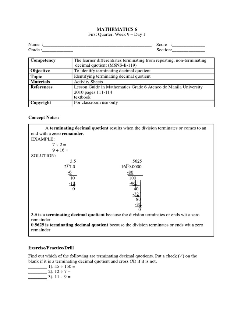 Math-6 Q1 LAS Wk-9 Day-1-5 | PDF | Mathematics | Arithmetic