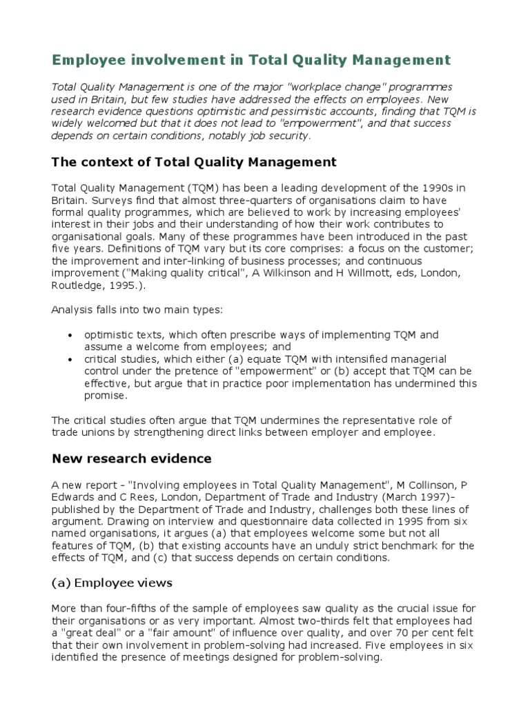 Employee Involvement in Total Quality Management | PDF | Empowerment ...