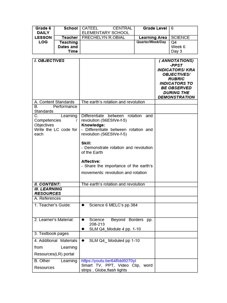 Lesson Plan For Demo | PDF | Earth | Rotation Around A Fixed Axis