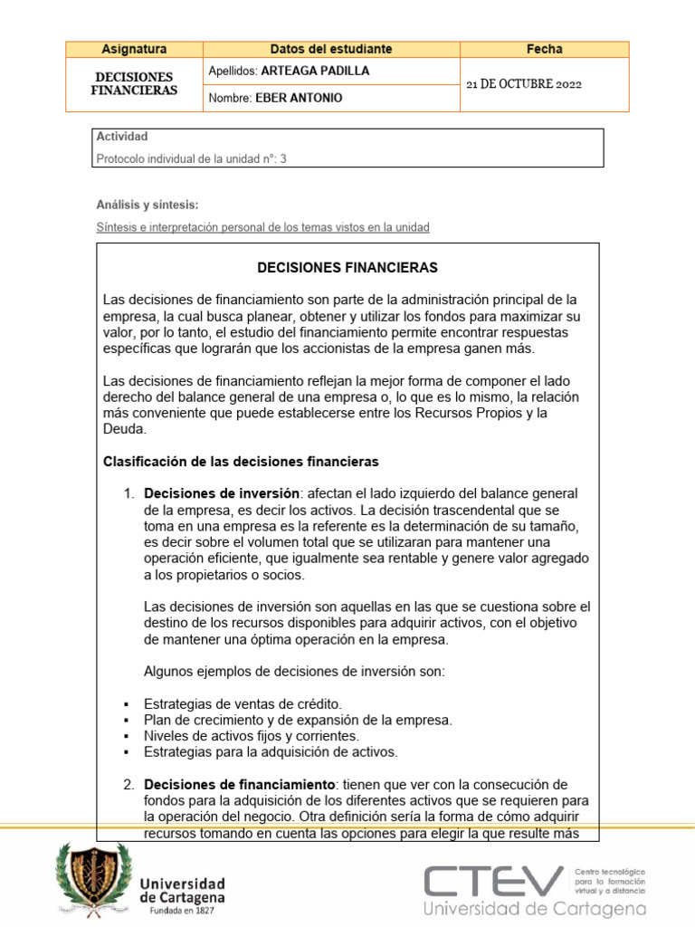 Protocolo Individual 3 Decisiones Financieras | PDF | Deudor | Business