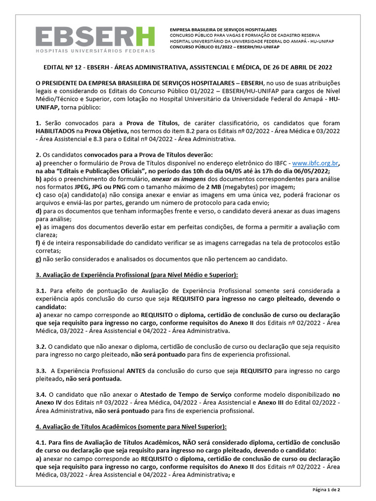 Edital #12 - Ebserh - Áreas Administrativa, Assistencial e Médica | PDF | Negócios