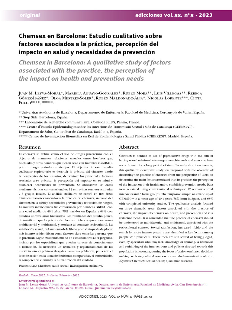 Chemsex en Barcelona: Estudio Cualitativo Sobre Factores Asociados A La ...