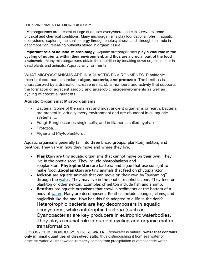 Environmental Microbiology Note | PDF | Plankton | Water Pollution
