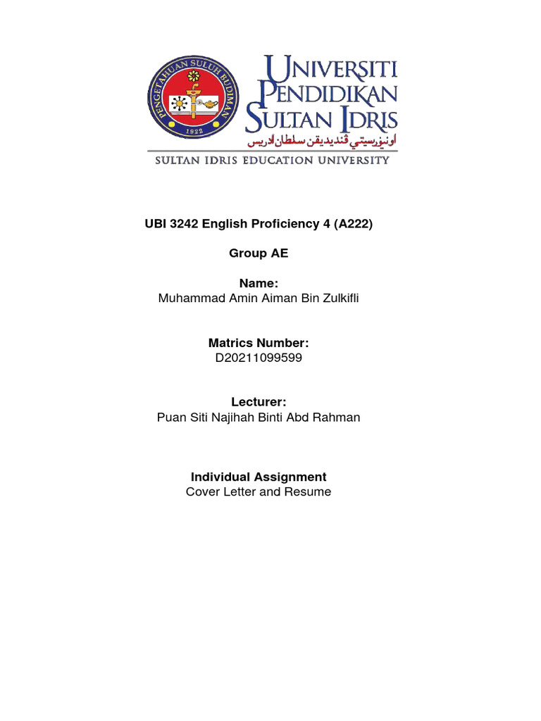 Cover Letter & Resume Muhammad Amin Aiman Bin Zulkifli | PDF | Data ...
