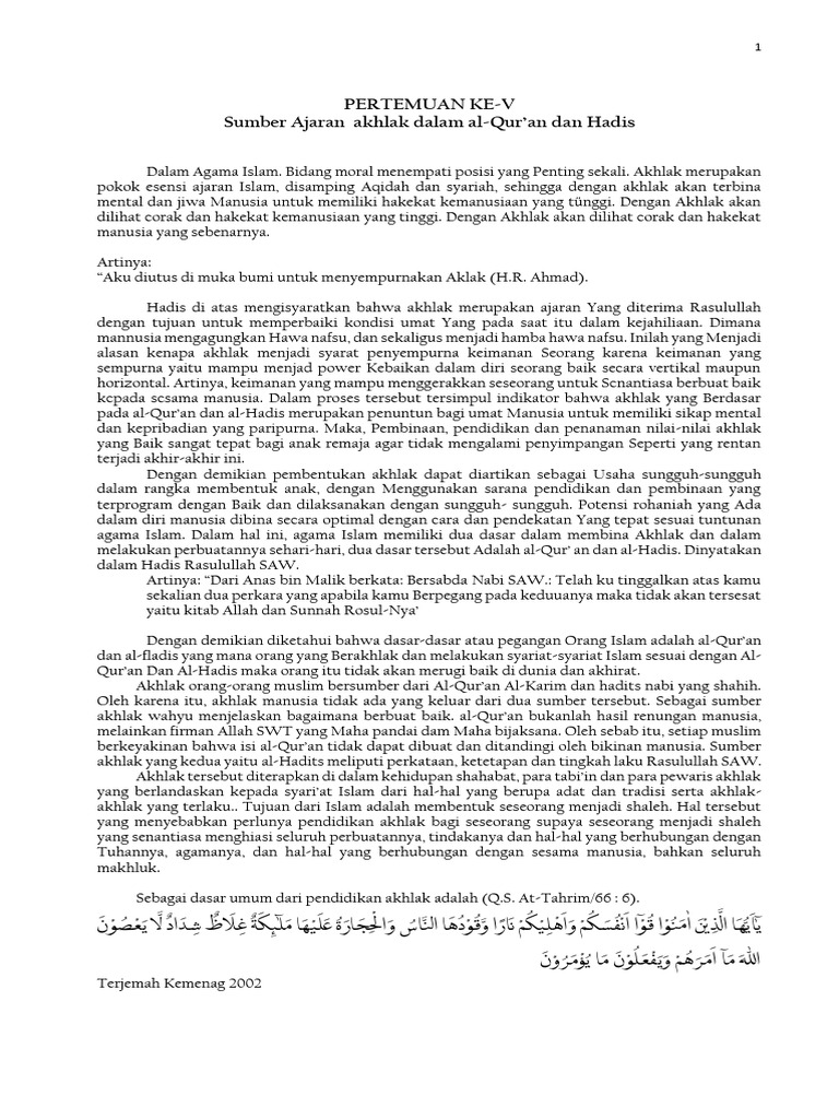 Materi Pertemuan V Sumber Ajaran Akhlak Dalam Al-Qur'an Dan Hadis-1 | PDF