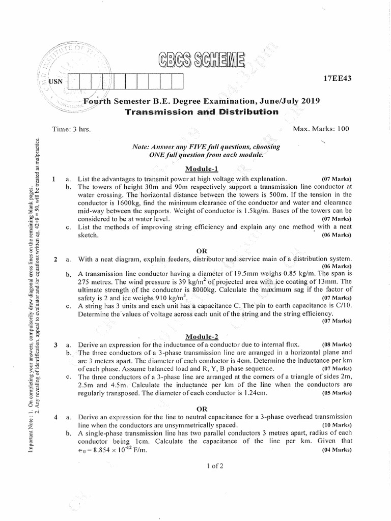 VTU Question Paper of 17EE43 Transmission and Distribution Jun-2019 | PDF