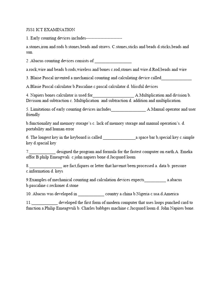 JSS1 Ict Examination | PDF | Operating System | Internet & Web