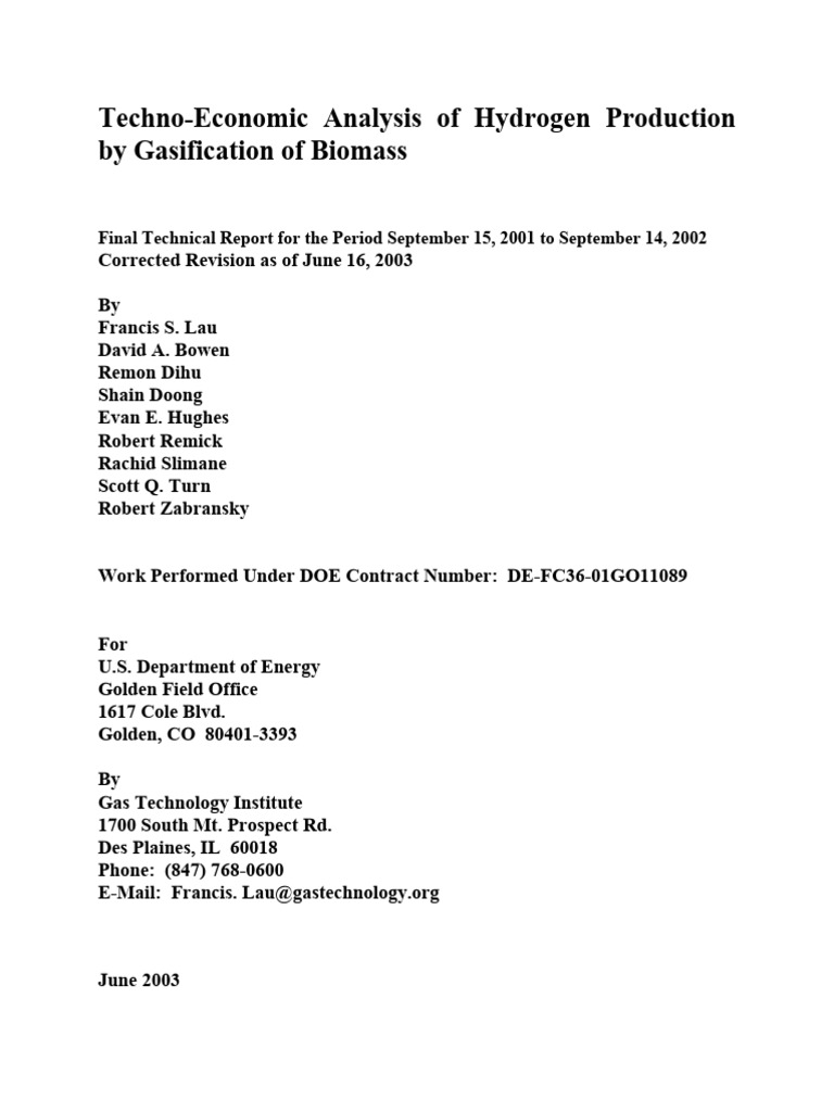 Techno-Economic Analysis of Hydrogen Production by Gasifacation OfBiomassRvision - 1 | PDF ...