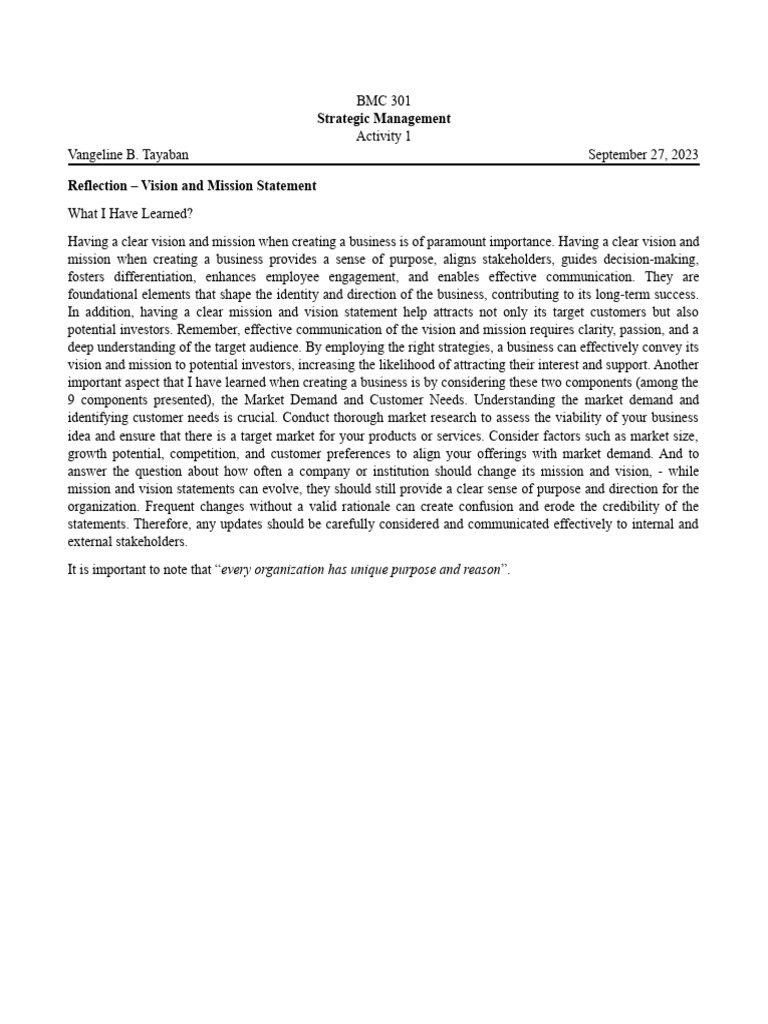 Importance of Vision and Mission Statements | PDF | Career & Growth ...