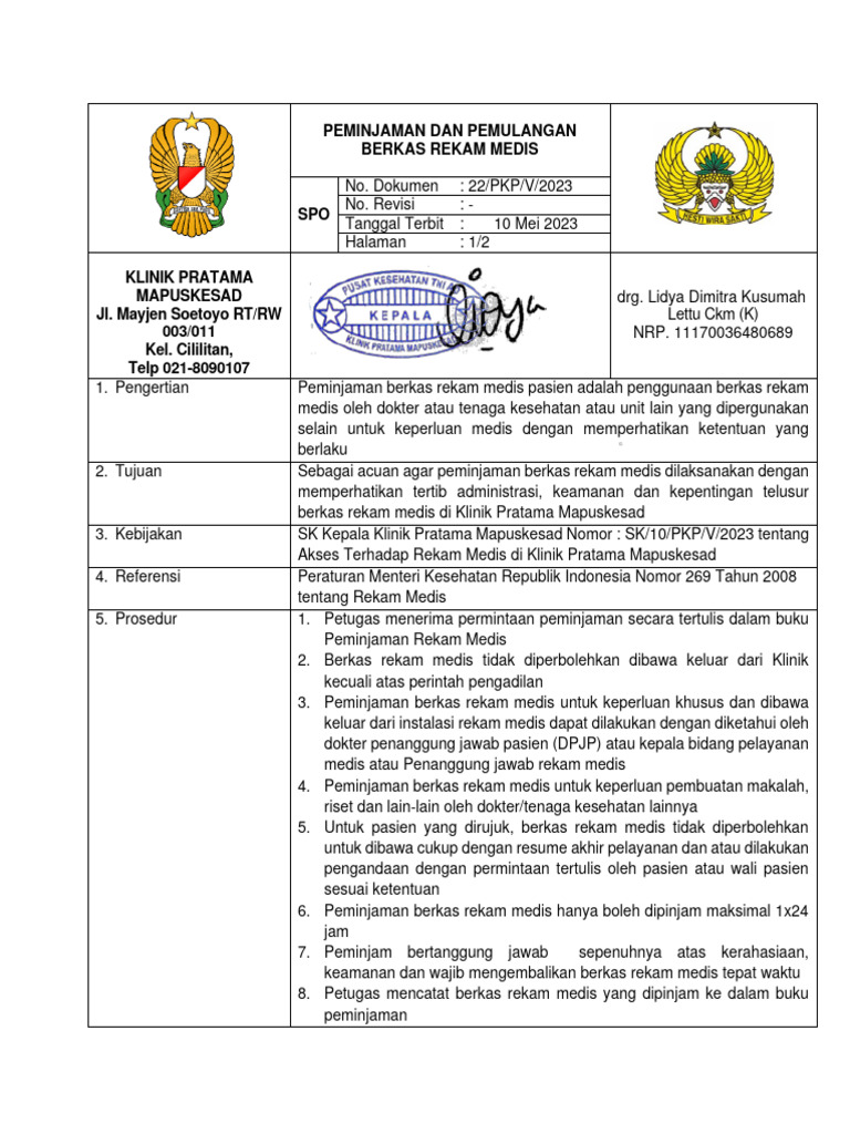 SPO Peminjaman Rekam Medis Revisi | PDF