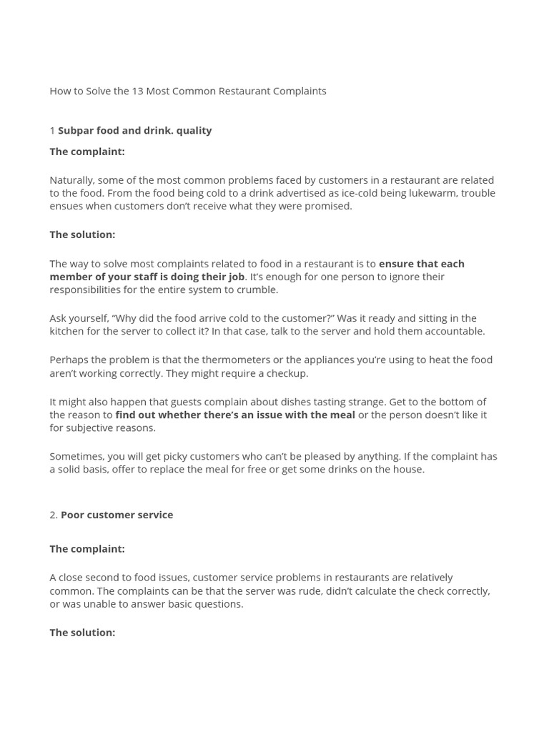How To Solve The 13 Most Common Restaurant Complaints | PDF | Menu ...