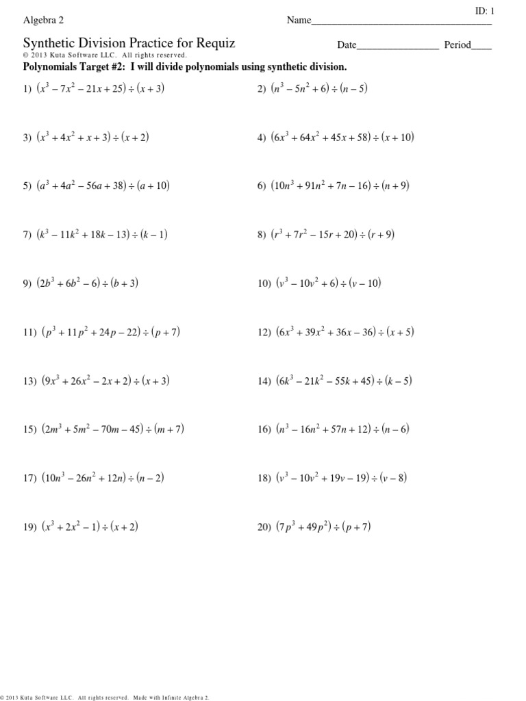 Algebra 2 - Synthetic Division Practice For Requiz With Answers | PDF