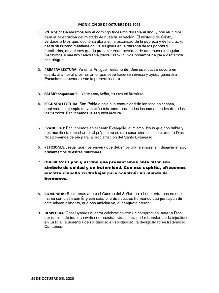 MONICIÓN 29 DE OCTUBRE DEL 2023 | PDF | eucaristía | Adoración ...