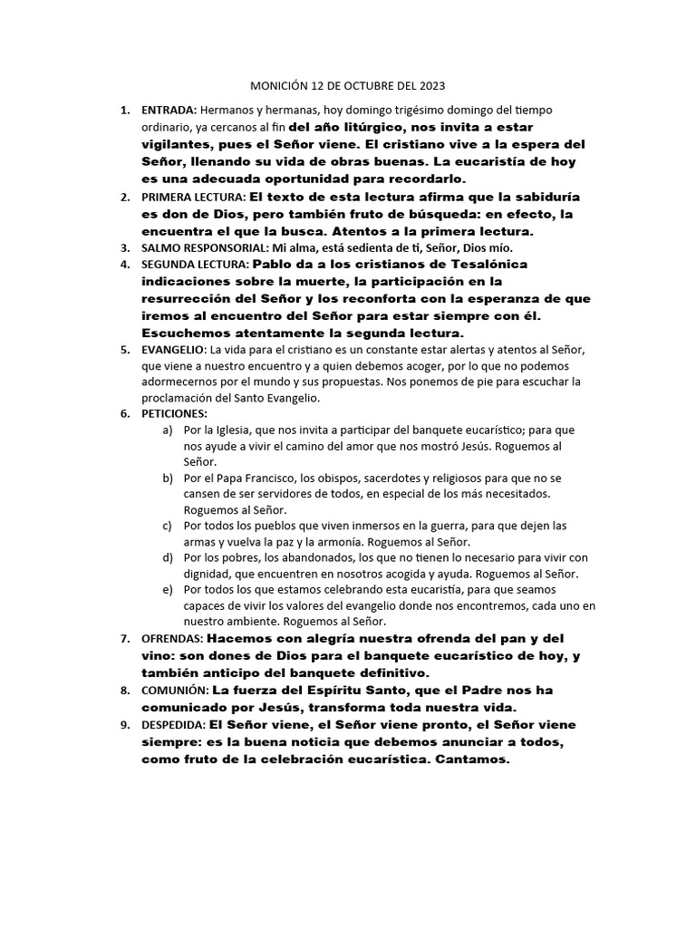 Monición 12 de Octubre Del 2023 | PDF | Misa (liturgia) | eucaristía