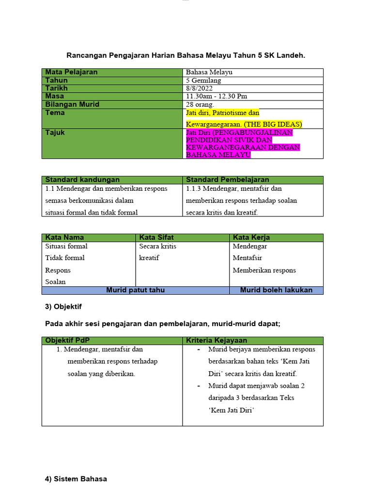 Contoh RPH Bahasa Melayu | PDF