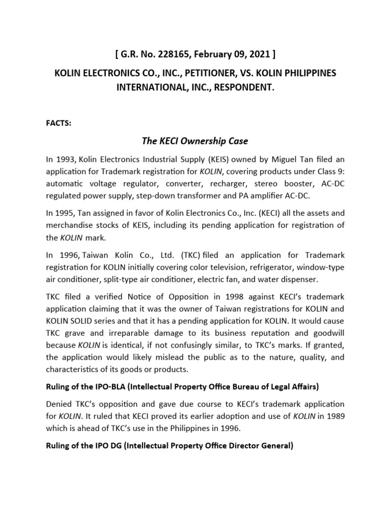 Kolin Electronics vs. Kolin Philippines (2021) | PDF | Trademark | Res ...