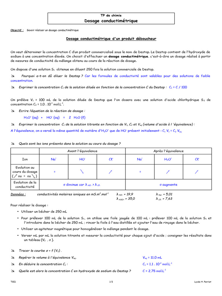 TP Dosage Conductimetrique Corrige-1 | PDF | Matériaux | Sciences physiques