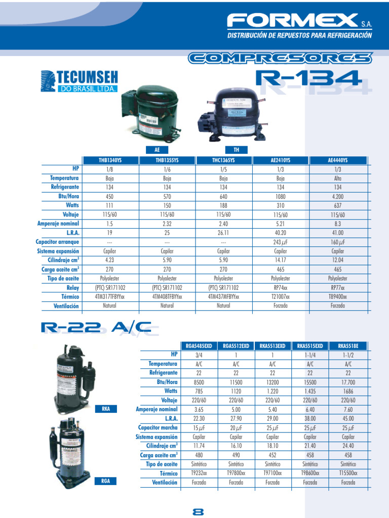 Compresores - R134 R22 A-C (Tecumseh - Brasil) | PDF