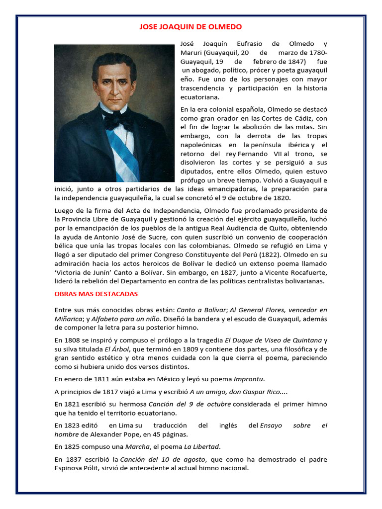 José Joaquín de Olmedo: Poeta y Prócer | PDF | Ecuador