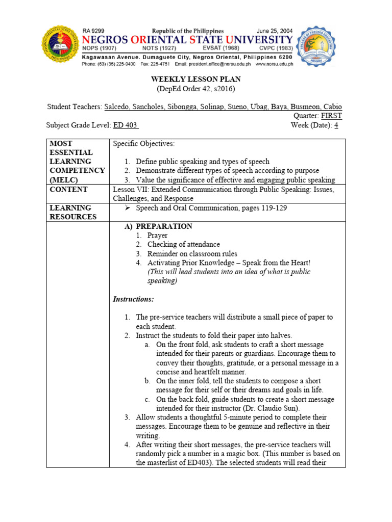 Group 7 Lesson Plan Final | PDF | Public Speaking | Communication