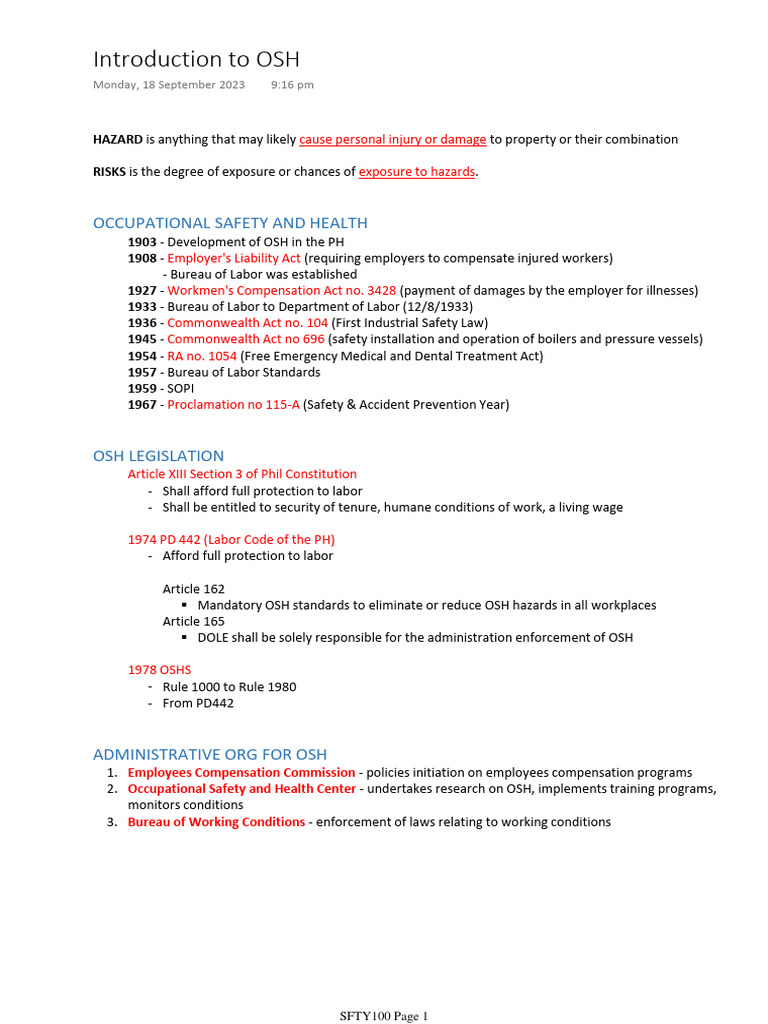 Introduction To OSH | PDF | Occupational Safety And Health | Employment