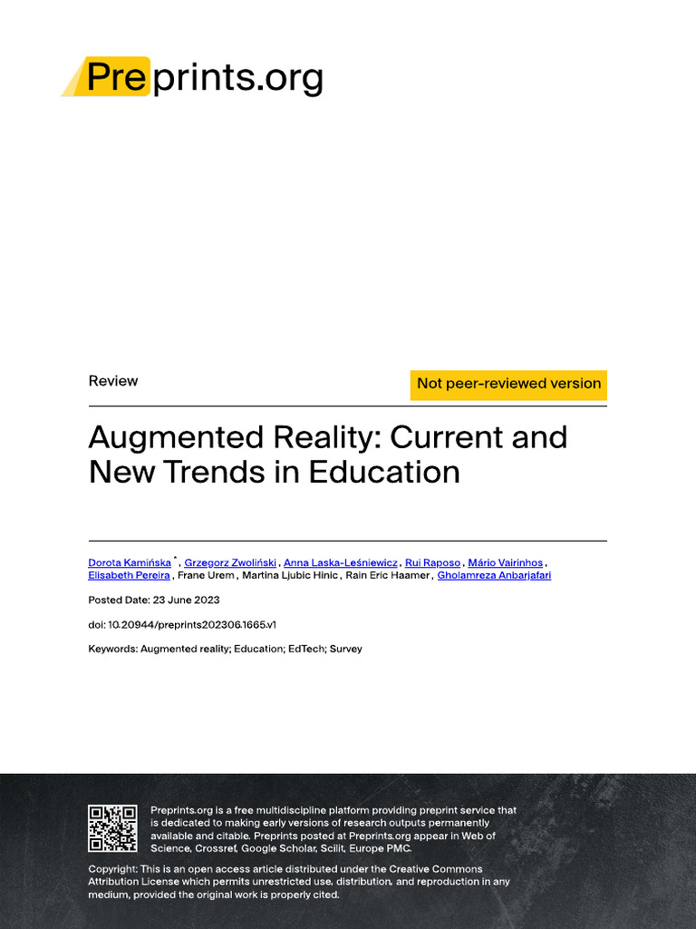 Preprints202306 1665 v1 | PDF | Augmented Reality | Educational Technology