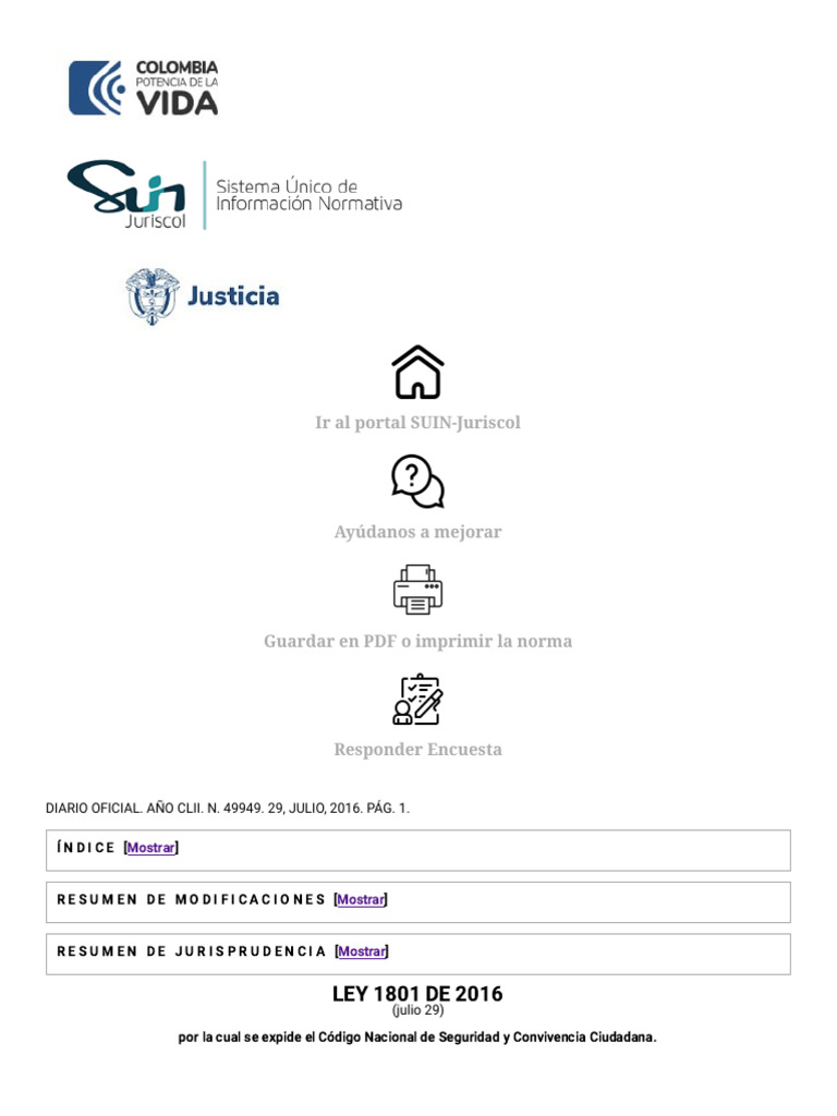 Ley 1801 de 2016 | PDF | Policía | Derechos
