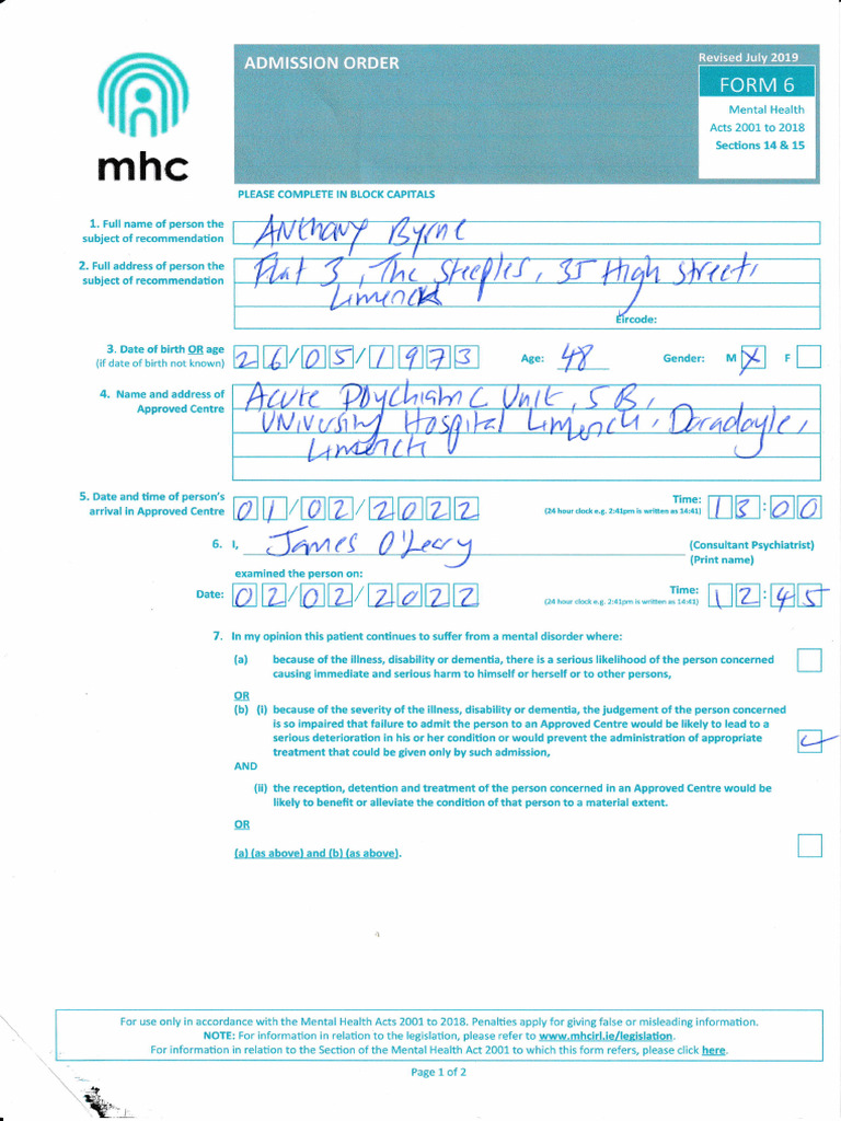 Admission Orders in Hospital | PDF | Mental Disorder | Disability