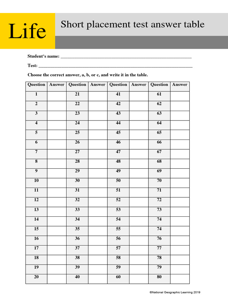 Life Short Placement Test Answer Table | PDF