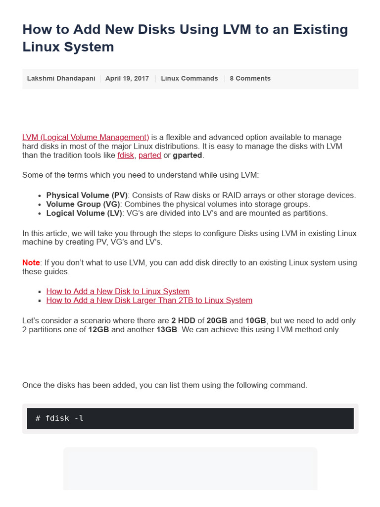 How To Add New Disks Using LVM To An Existing Linux System | PDF | Hard Disk Drive | Computer ...