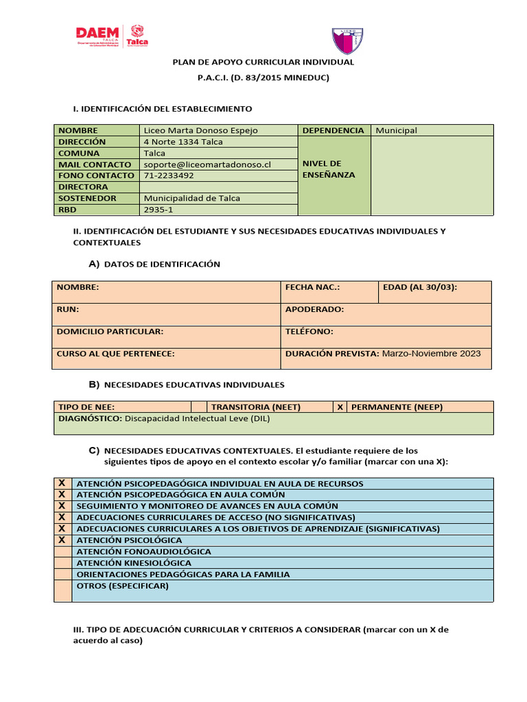 Formato PACI Permanente | PDF | Maestros | Evaluación