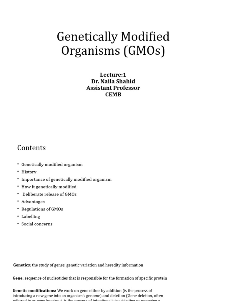 Lecture 1. GMOs Introduction | PDF | Genetically Modified Organism | Genetic Engineering