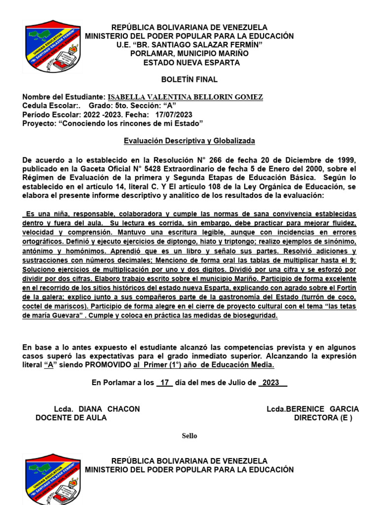 Boletin Final 6to A 22-23 Revisar | PDF | Educación primaria | Evaluación