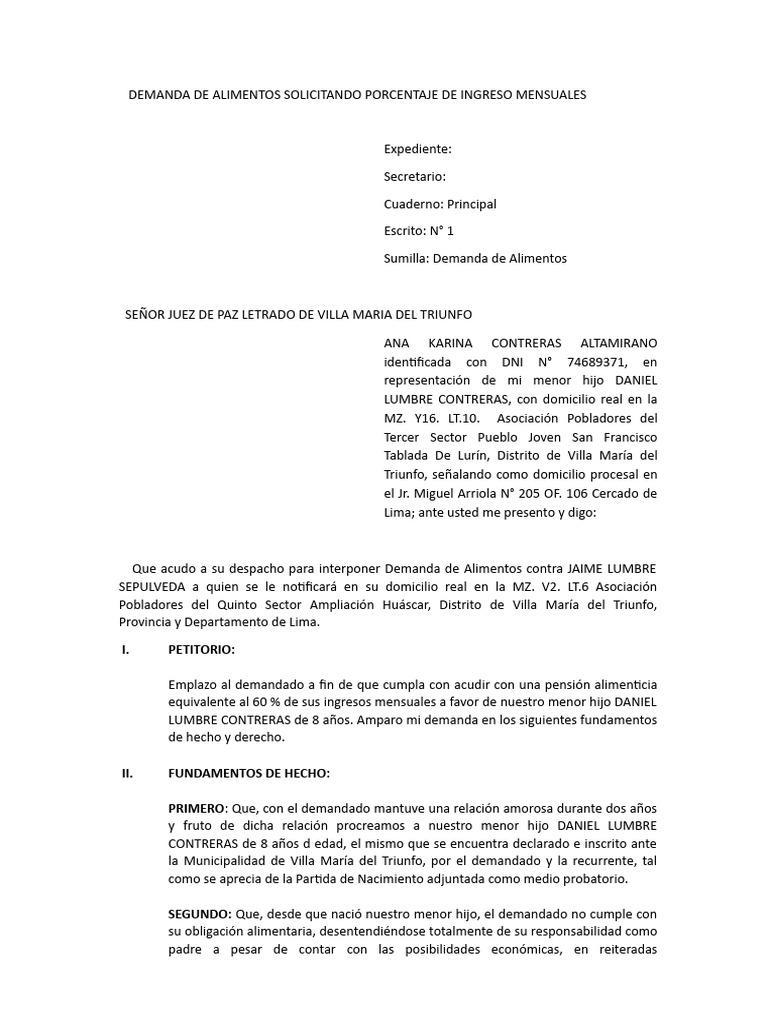 DEMANDA DE ALIMENTOS | PDF | Demanda judicial | Pensión alimenticia