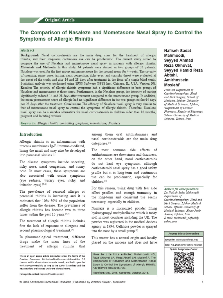 The Comparison of Nasaleze and Mometasone Nasal Spray to Control the ...