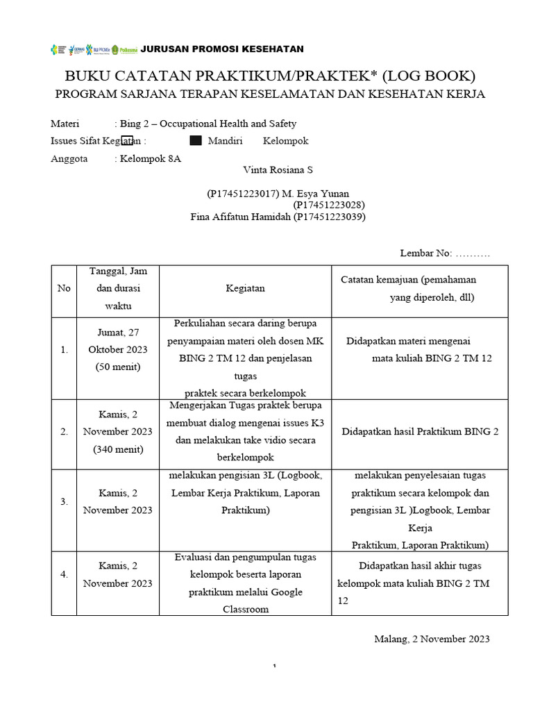 Logbook Bing 2 - Kelompok 8 - 2a K3 | PDF